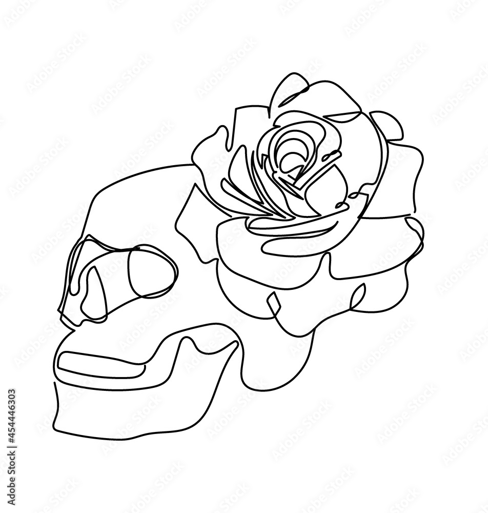 Human skull with a rose one line set art. Continuous line drawing of ...
