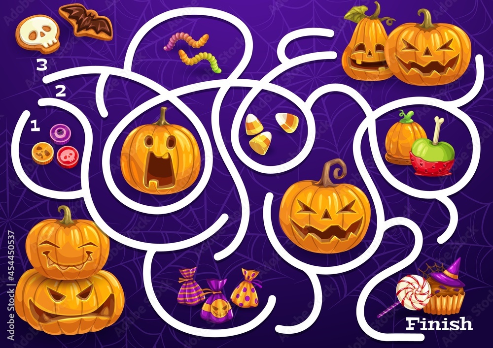 Kids maze game with Halloween sweets, pumpkins and spider web. Vector ...