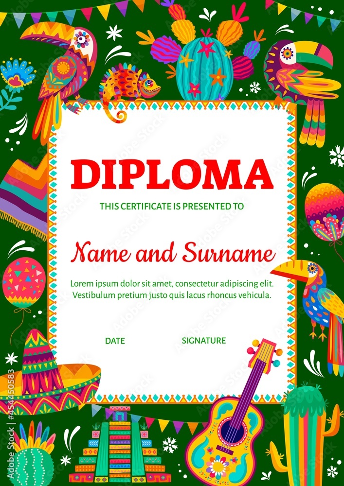 Kids diploma certificate mexican sombrero and pyramids, chameleon ...