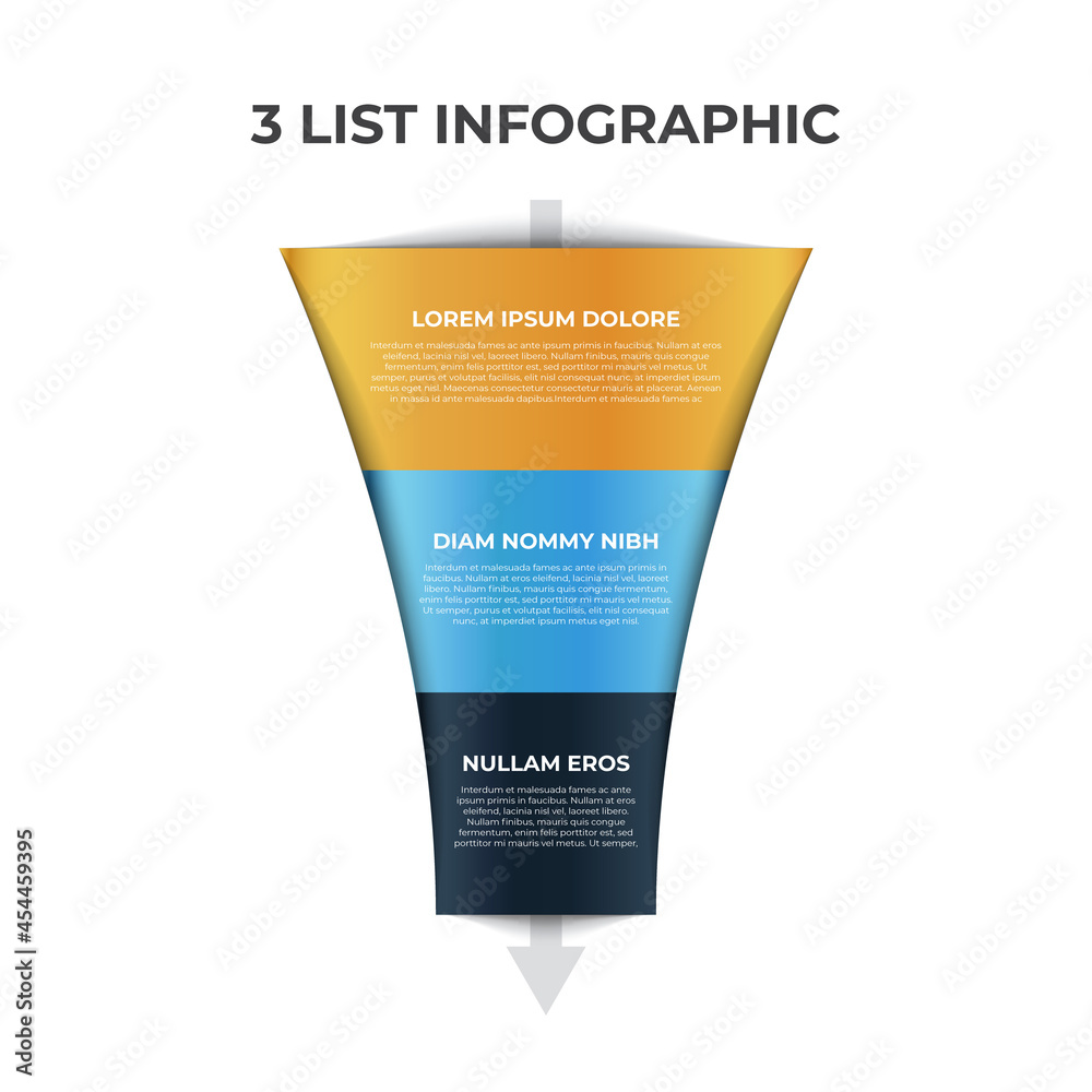 3 points, layers, options, step of list infographic element with funnel ...