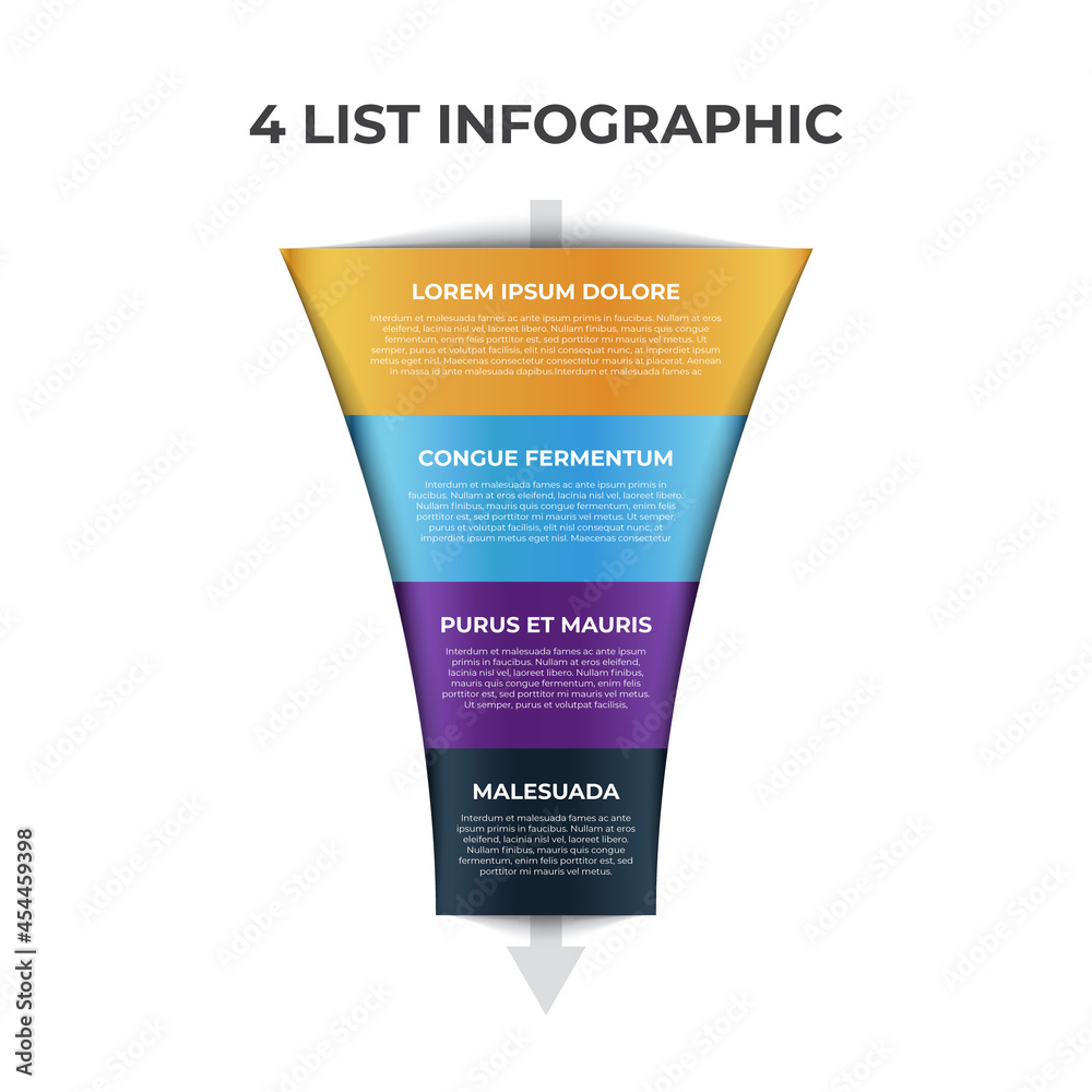 4 points, layers, options, step of list infographic element with funnel ...