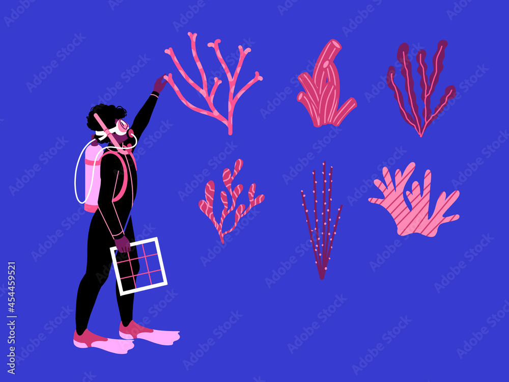 Female marine biologist researching a coral reef. Professional diver in ...