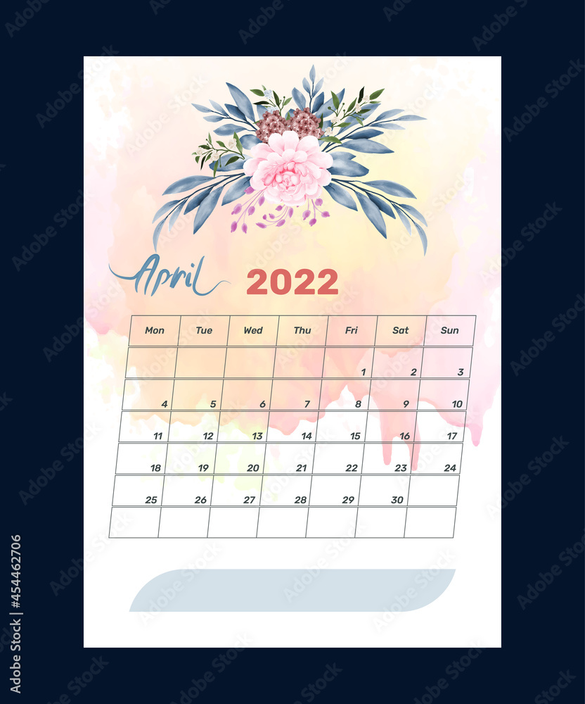 Beautiful Calendar for 2022 with Watercolor Flowers. Calendar Template ...