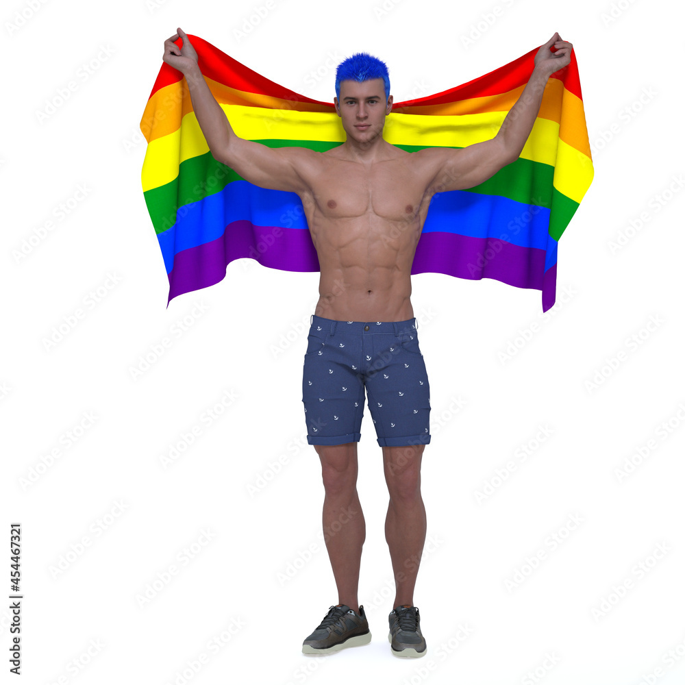 3D Render : A man who is gay holding the pride rainbow flag with his ...
