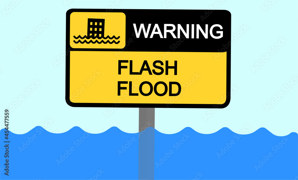 Flash flood warning illustration board in yellow and black board ...