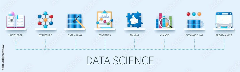 Data science banner with icons. Knowledge, structure, data mining ...