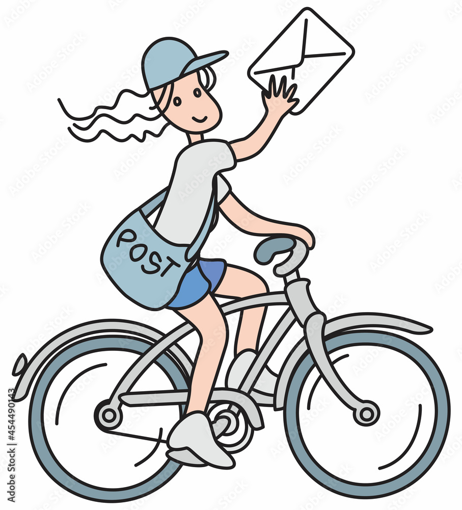 Bicycle mail girl, postman on a bicycle delivers a letter, delivery ...
