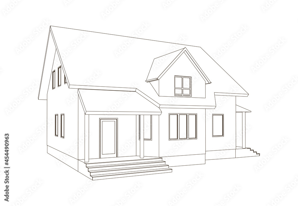 3D suburban house model. Drawing of the modern building. Cottage ...
