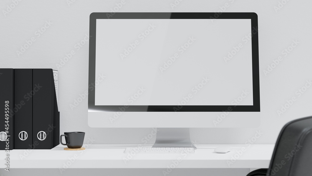 Computer desk with blank screen computer mockup, black and white ...