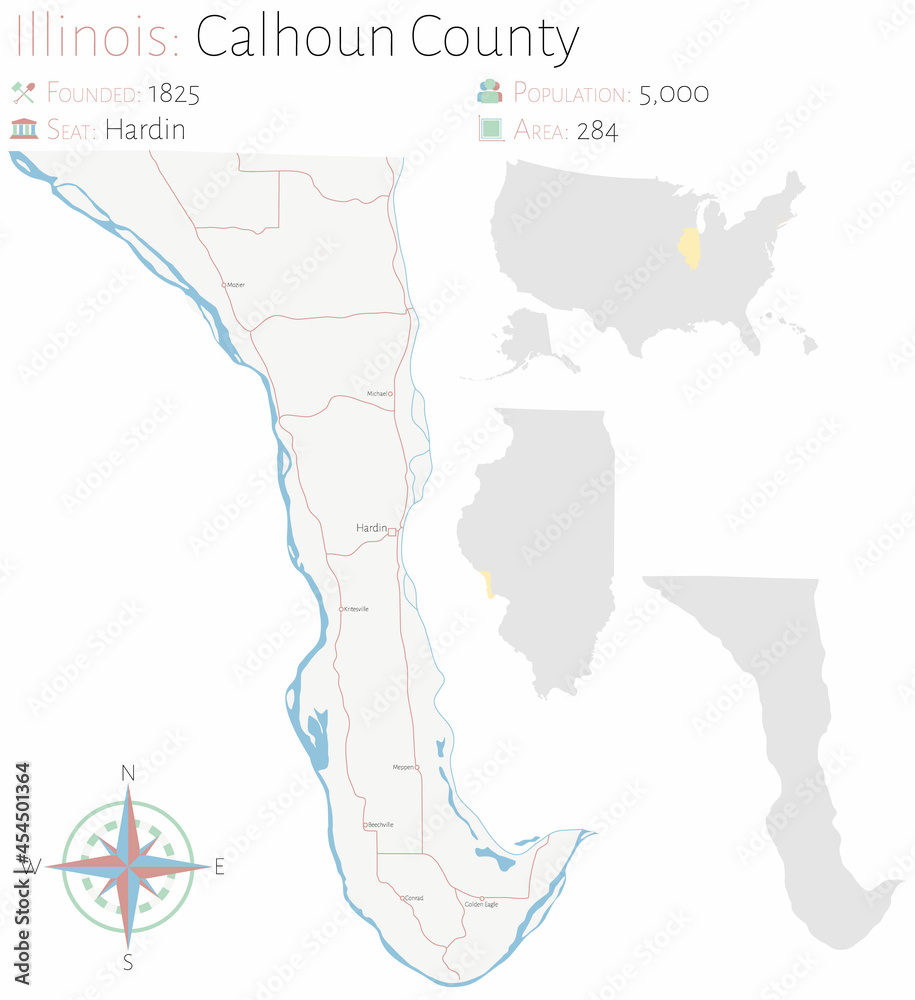 Large and detailed map of Calhoun county in Illinois, USA. Stock Vector ...