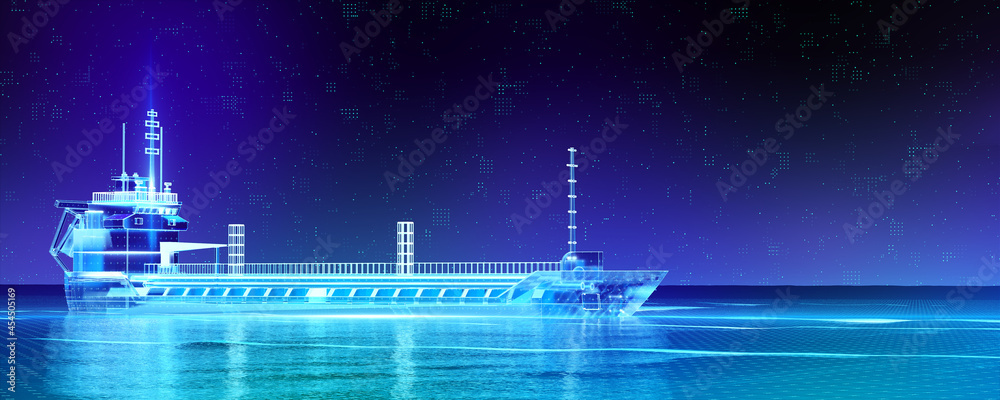 Oil tanker ship on blue digital hi tech futuristic background. quality ...