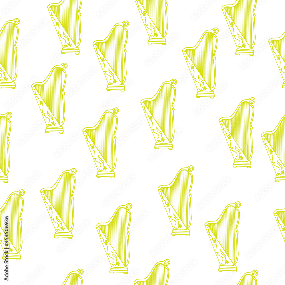 harp illustration isolated on white background. gold outline. seamless ...