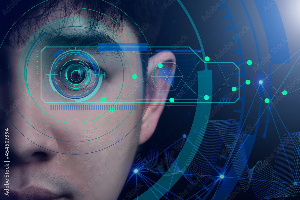 concept of AI computer system, facial recognition with an eye scan ...