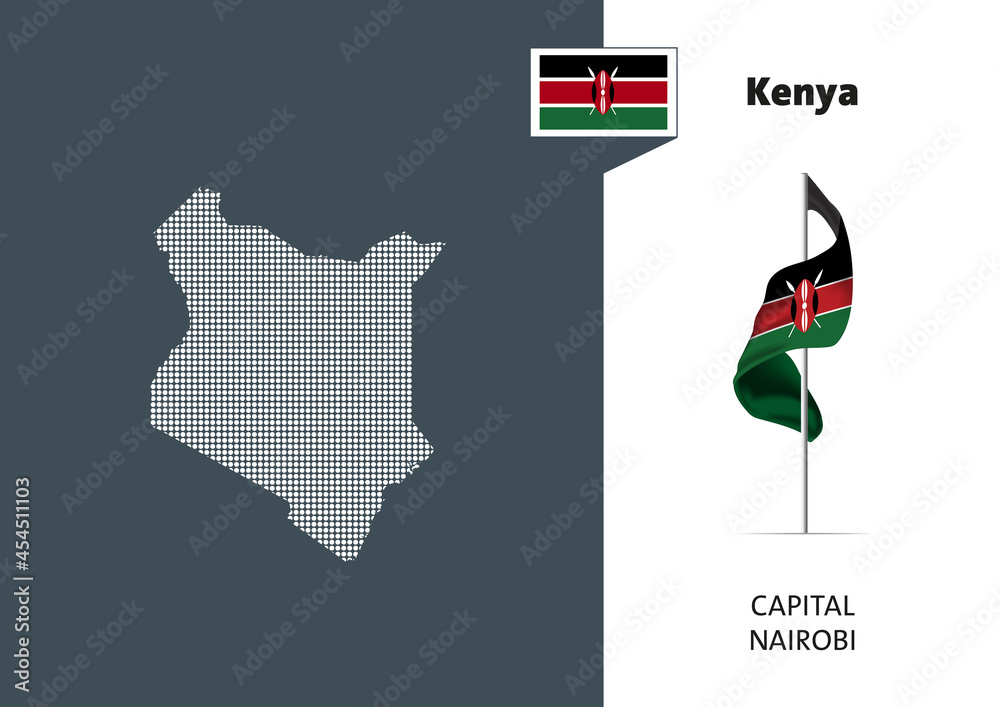 Flag of Kenya on white background. Dotted Map of Kenya with Capital ...
