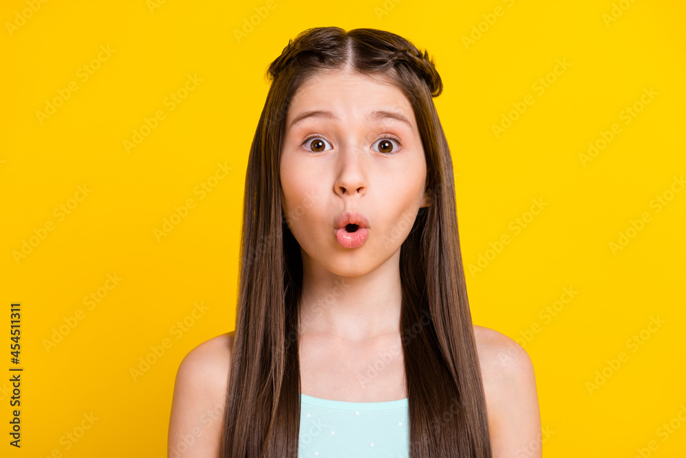 Close-up portrait of attractive stunned girl good news reaction pout ...