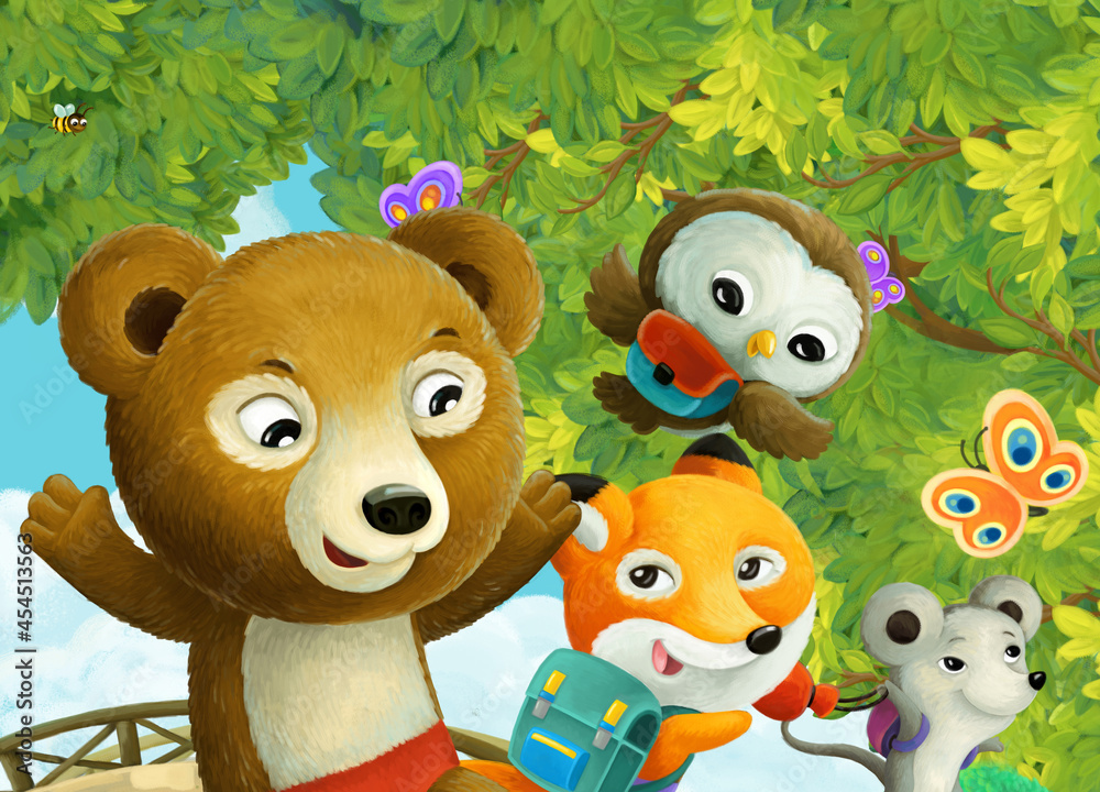 cartoon scene park and animal kids going to school Stock Illustration ...