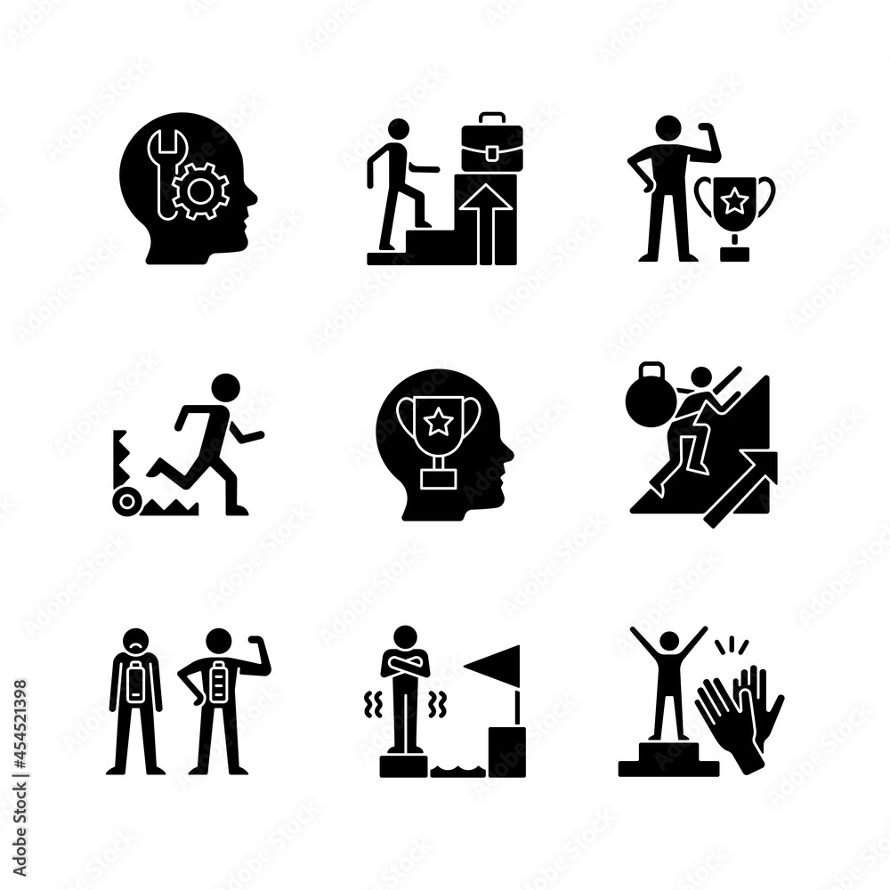 Strong motivation black glyph icons set on white space. Reach goal ...