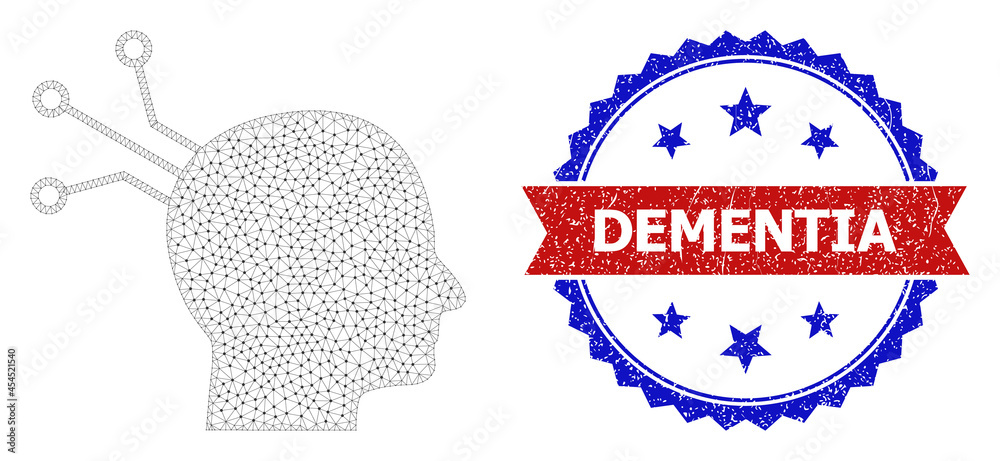Dementia dirty stamp, and brain link icon mesh structure. Red and blue ...
