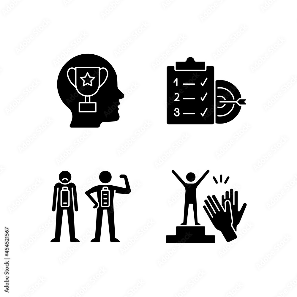 Intrinsic motivation black glyph icons set on white space. Better ...
