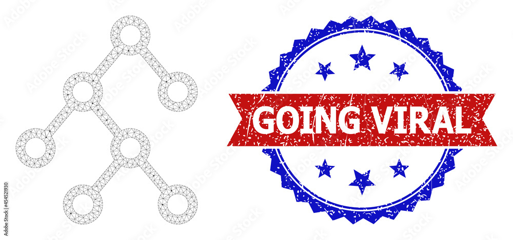 Going Viral corroded stamp, and binary tree icon mesh structure. Red ...