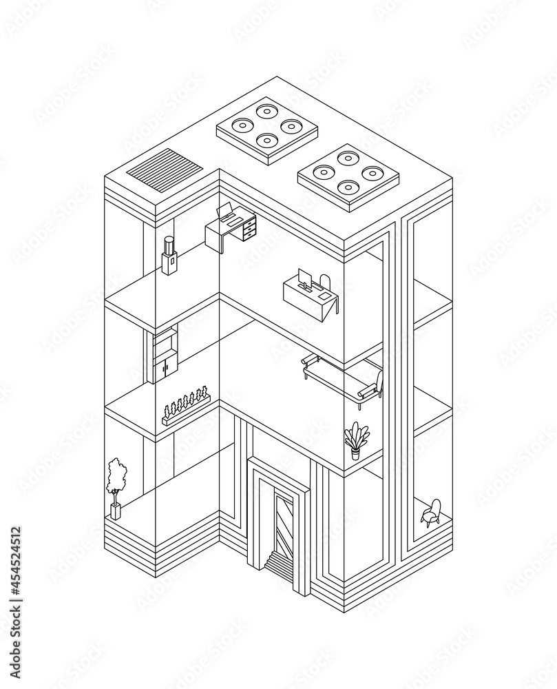 Sketch of business building isometric with offices and interior ...
