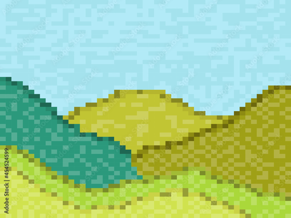 Pixel landscape with green meadows and hills. Retro 8-bit video game of ...