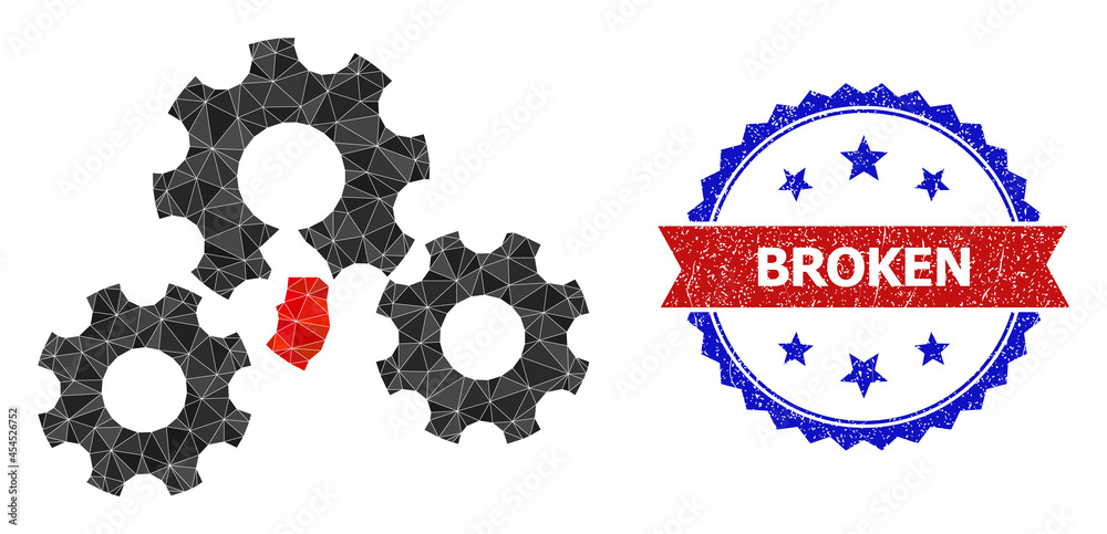 Lowpoly broken gear mechanism polygonal symbol illustration, and grunge ...
