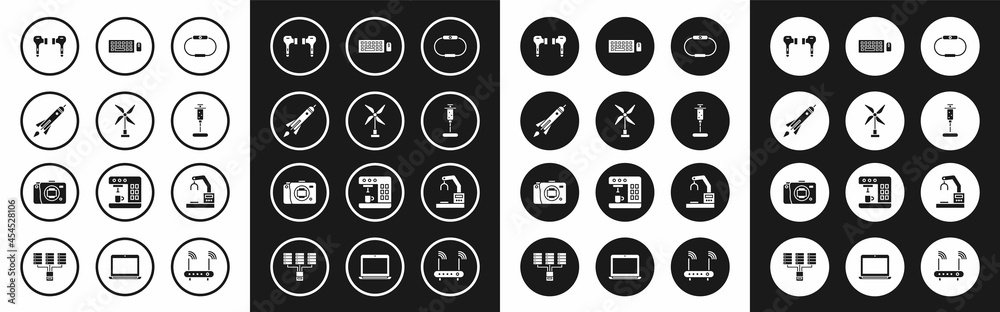 Set Smartwatch, Wind turbine, Rocket ship with fire, Air headphones ... Set Smartwatch, Wind turbine, Rocket ship with fire, Air headphones ...