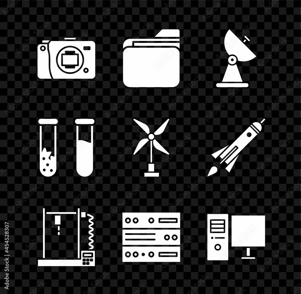 Set Mirrorless camera, Document folder, Radar, 3D printer, Server, Data, Web Hosting, Computer ...