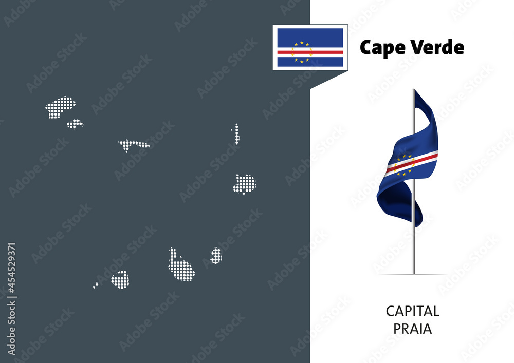 Flag of Cape Verde on white background. Dotted map of Cape Verde with ...