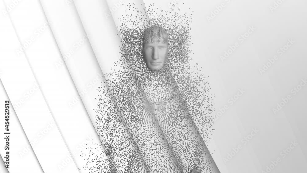 Animation of human body formed with exploding particles on 3d white ...