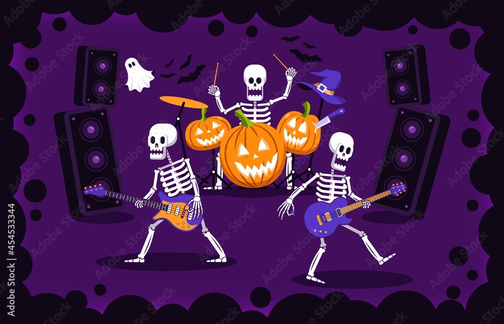 Halloween rock party. Rock group of skeletons and pumpkins performing ...