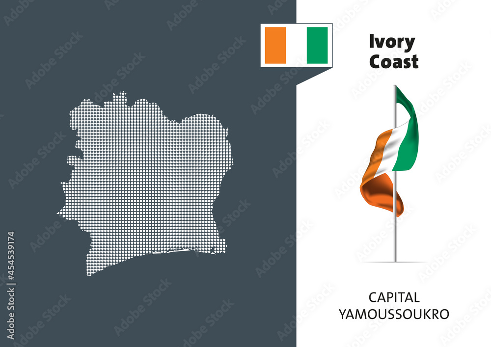 Flag of Ivory Coast on white background. Dotted map of Ivory Coast with ...