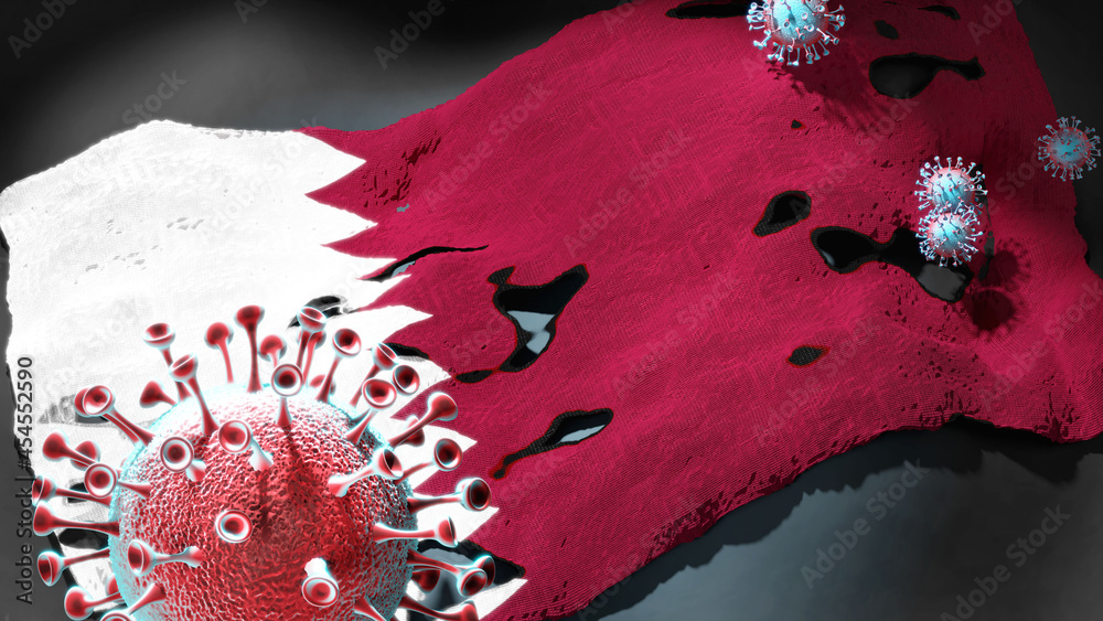 Covid in Qatar - coronavirus attacking a national flag of Qatar as a ...