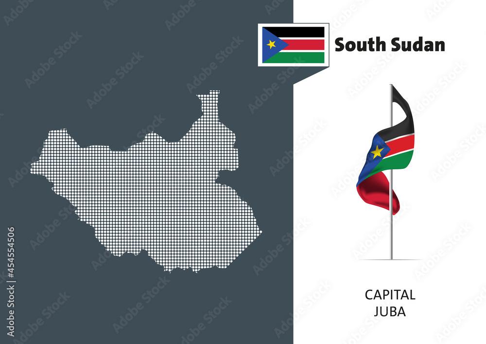 Flag of South Sudan on white background. Dotted map of South Sudan with ...