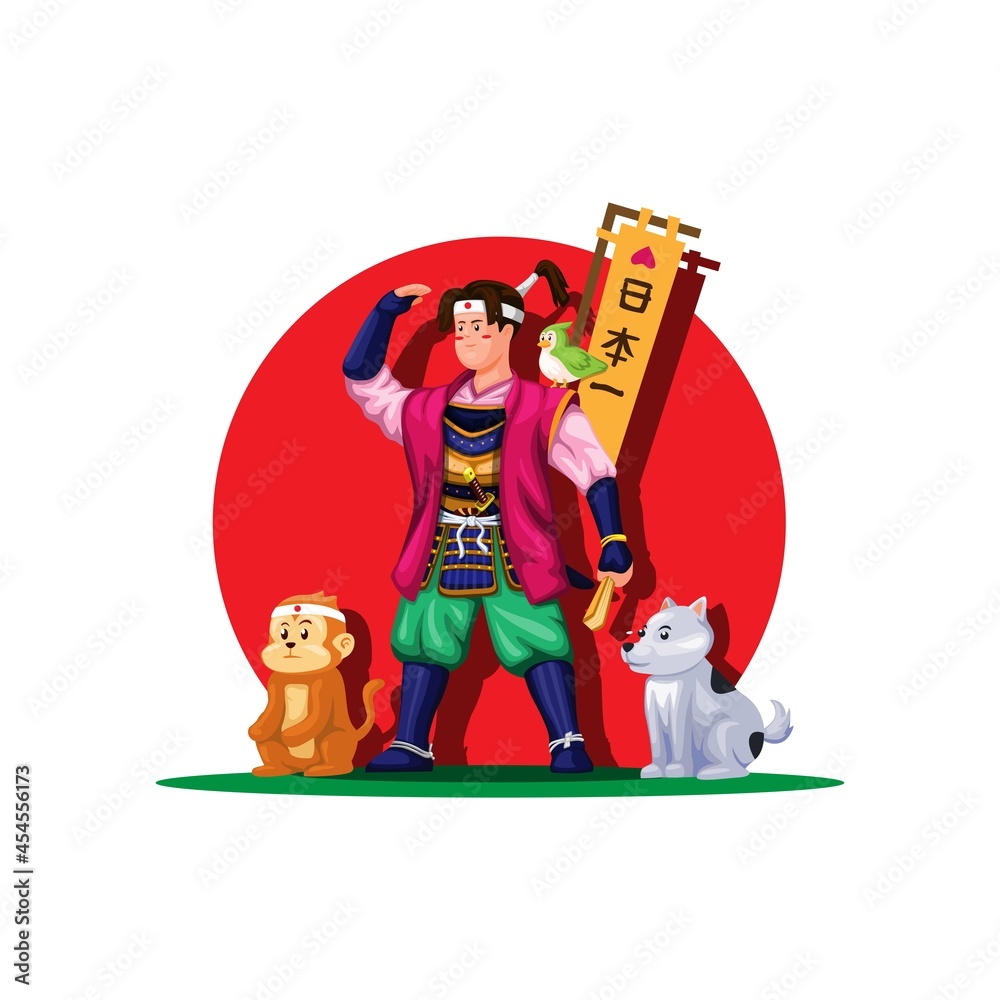 momotaro standing with animal. japanese heroes folklore fairy tale ...