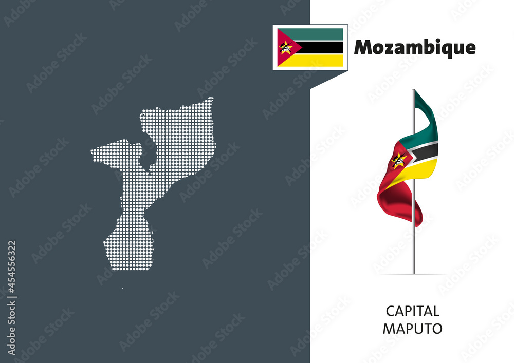 Flag of Mozambique on white background. Dotted map of Mozambique with ...