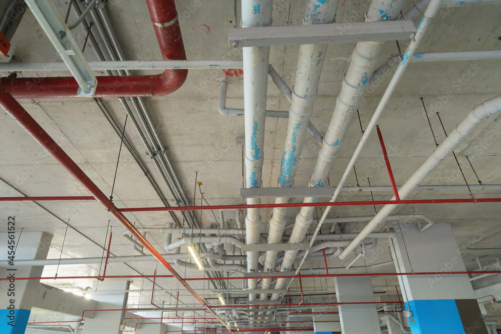Ceiling of Industry factory. Chiller tower or cooling tower in building ...