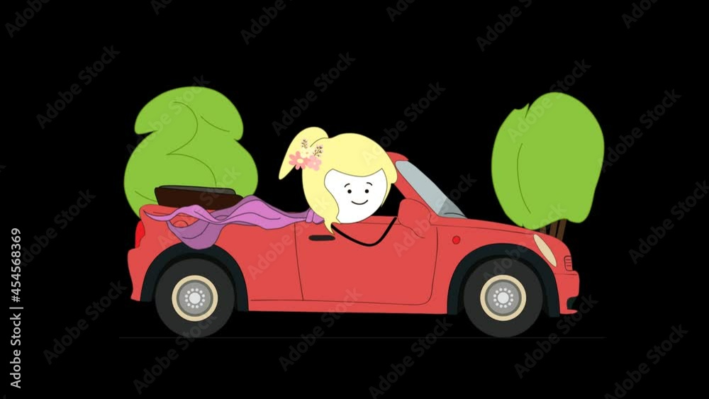 A funny girl in a red convertible rides through pits and bumps, cartoon ...
