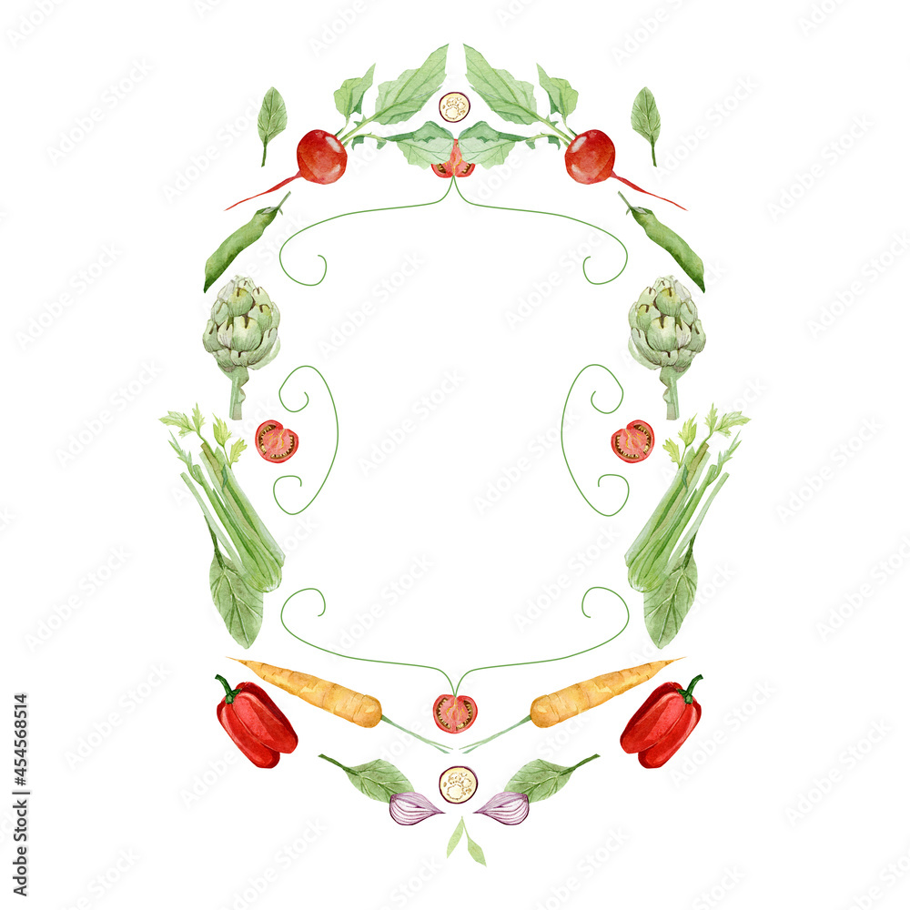 Watercolor vegetables frame border with bell pepper, onion, radish ...