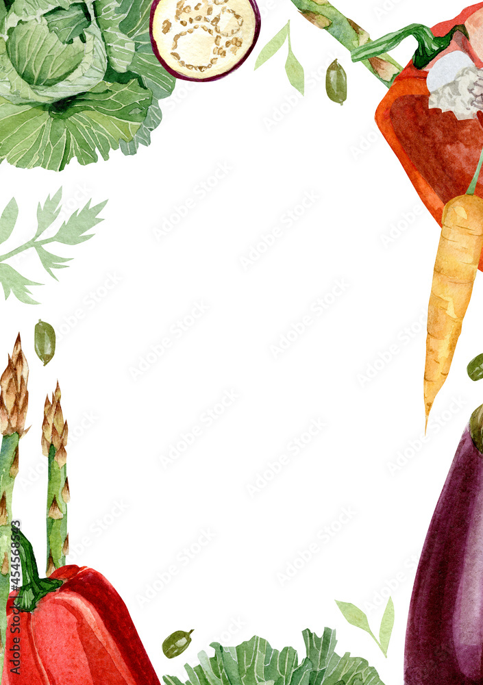 Watercolor vegetables frame border with carrots, cabbage, asparagus ...