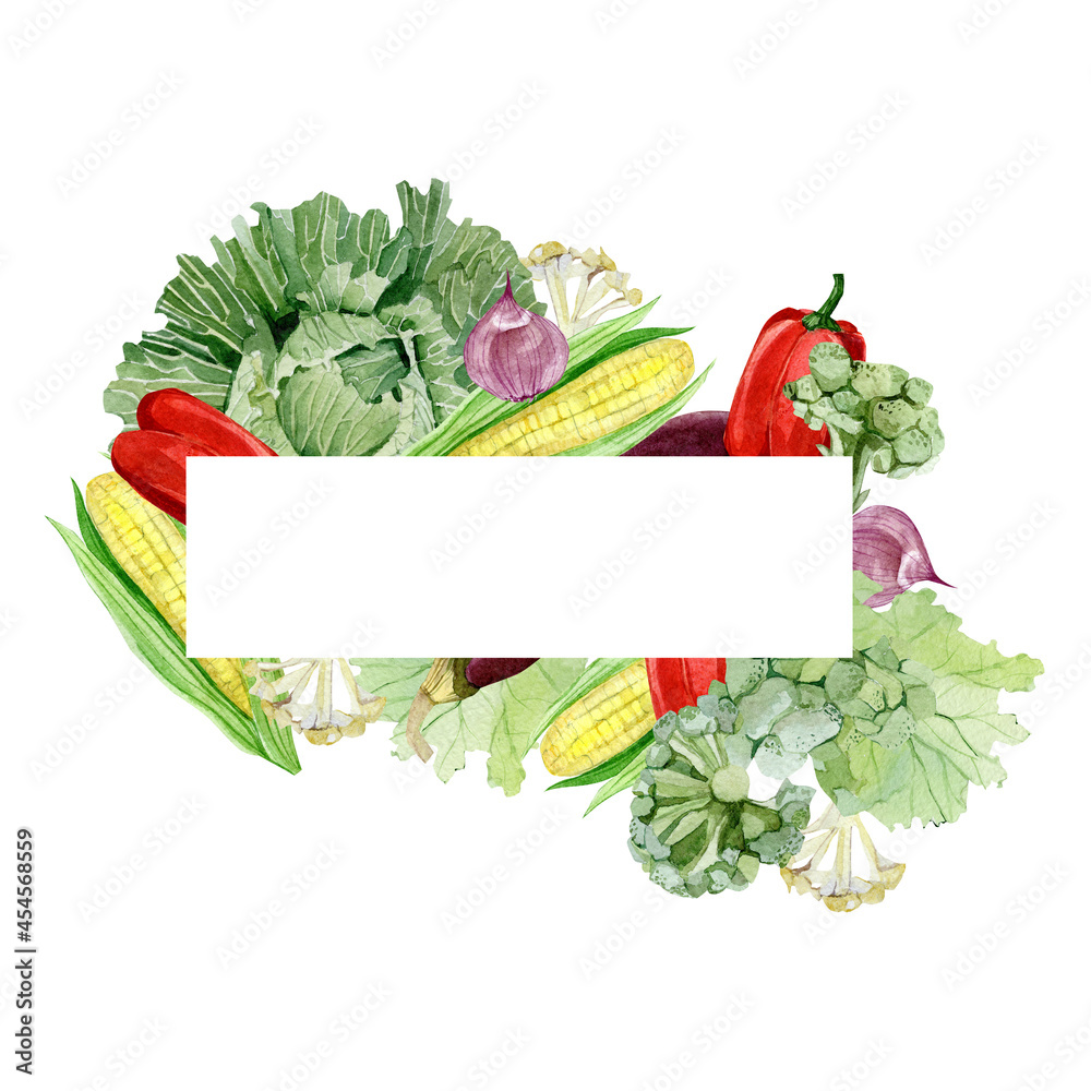 Watercolor vegetables frame border with corn, bell pepper, cabbage ...