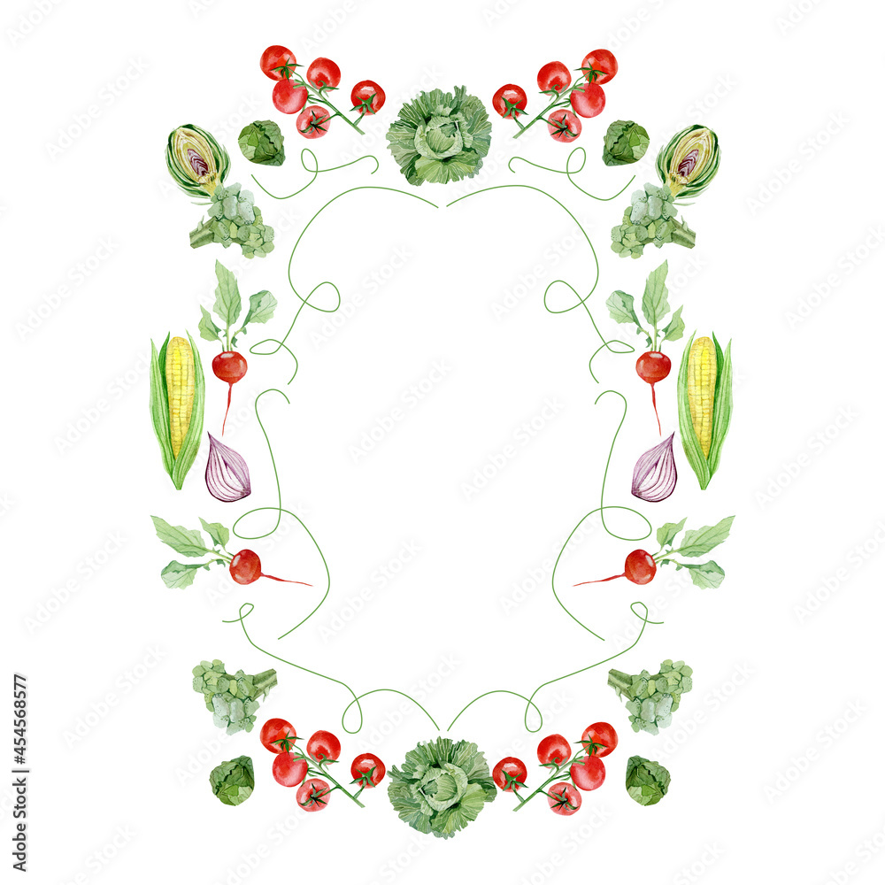 Watercolor vegetables frame border with corn, tomato, cabbage, radish ...