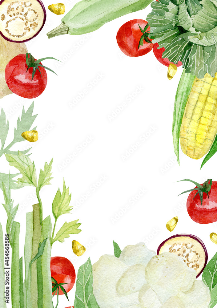Watercolor vegetables frame border with corn, tomato, cabbage. Hand ...