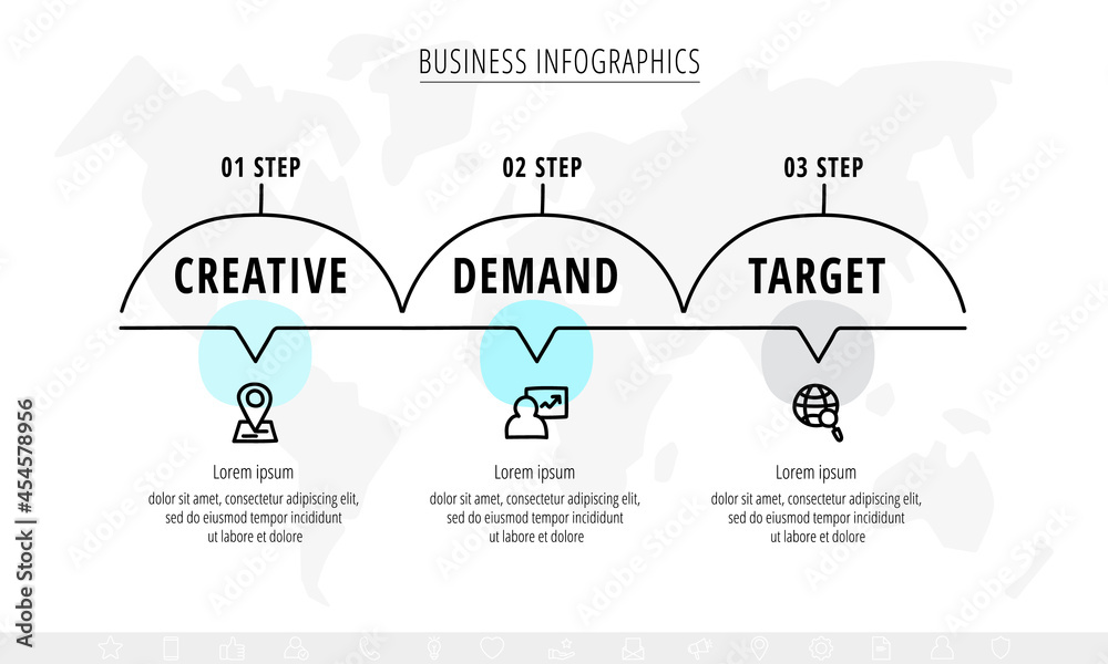 Hand-drawn vector minimal line infographics with three icons. Timeline ...