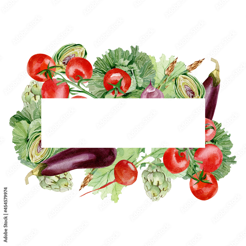 Watercolor vegetables frame border with eggplant, tomato, asparagus ...