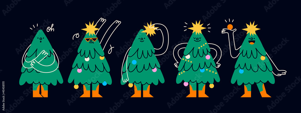Set of funny Christmas trees. Characters with faces. Various emotions ...