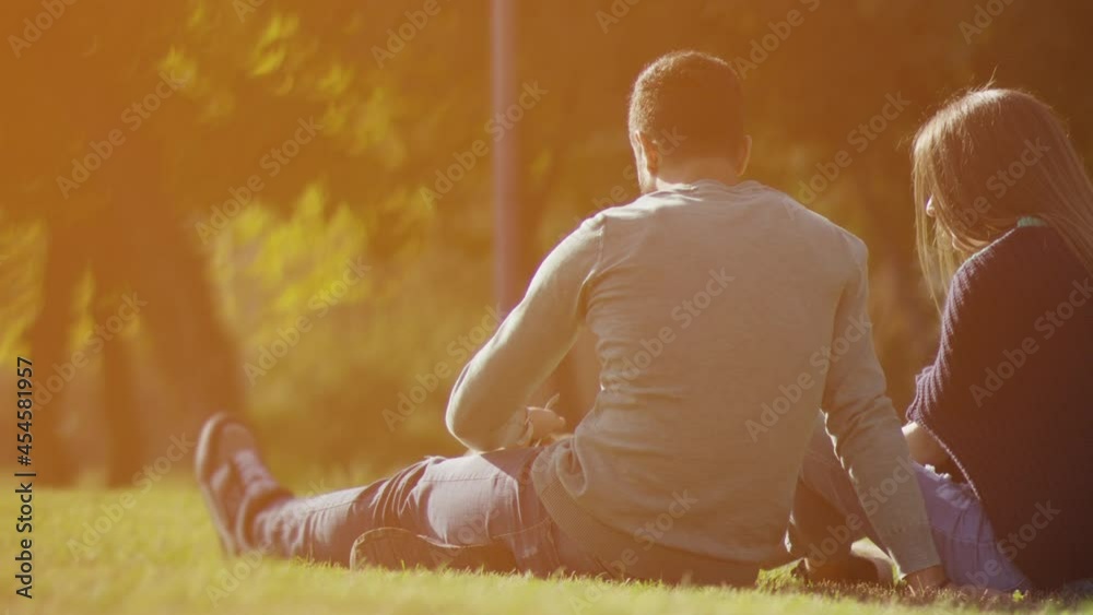 Back view of happy lovely caucasian romantic couple sitting on lawn and ...