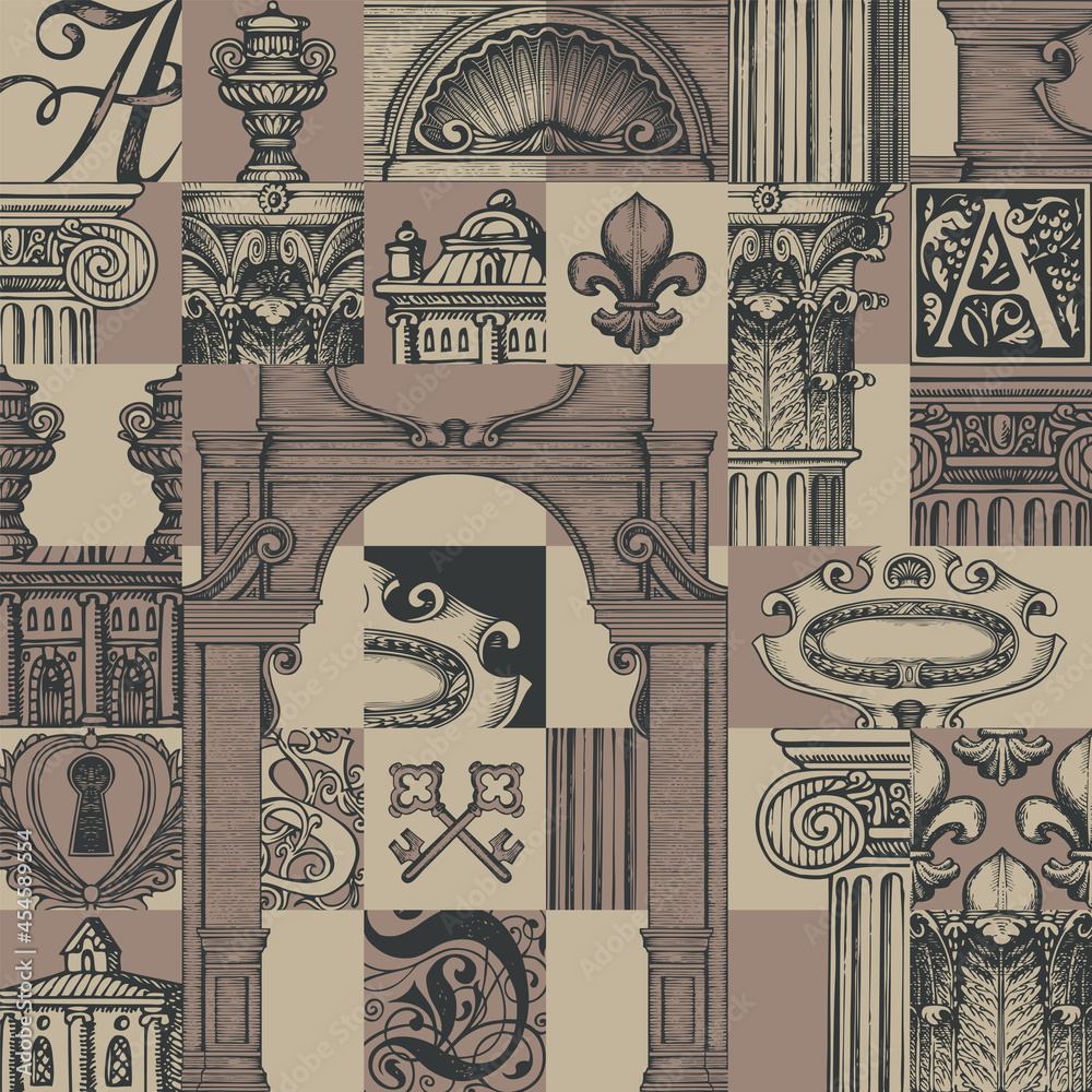 Abstract seamless pattern with hand-drawn architectural fragments in ...