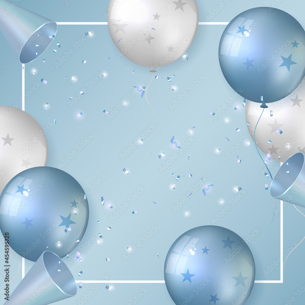 Elegant blue white silver ballon and party popper ribbon Happy Birthday ...